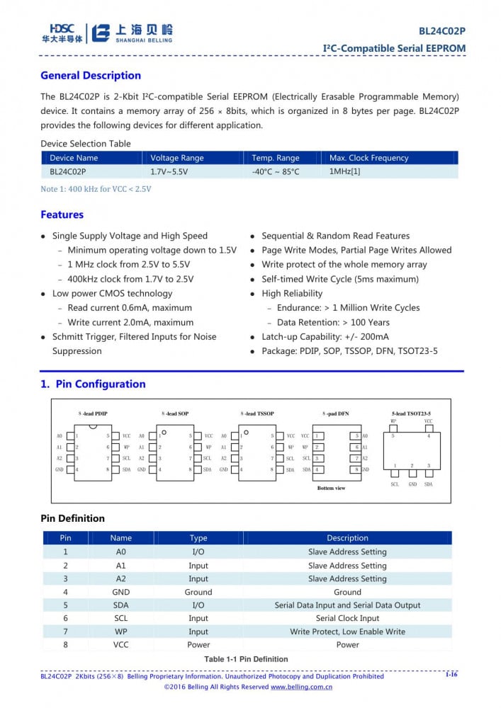 BL24C02P datasheet page 1
