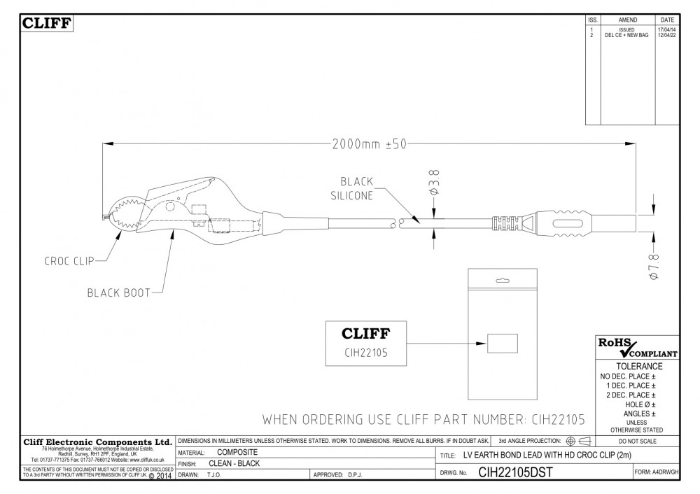 CIH22105 drawing: LV earth bond lead with heavy-duty crocodile clip, 2 m