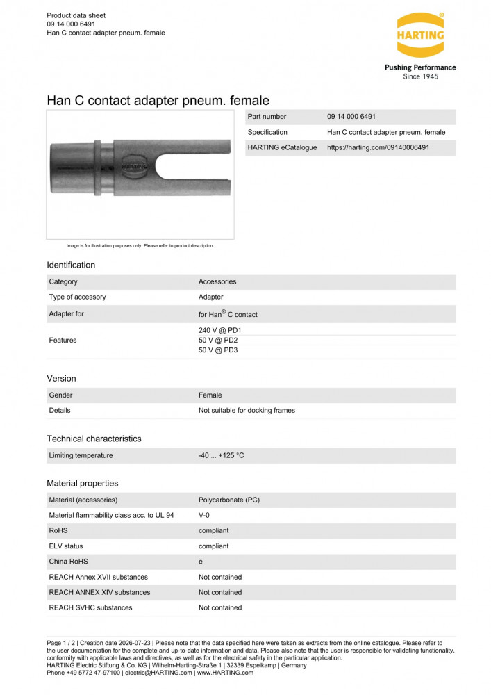 Technical document page 1 for product 09140006491