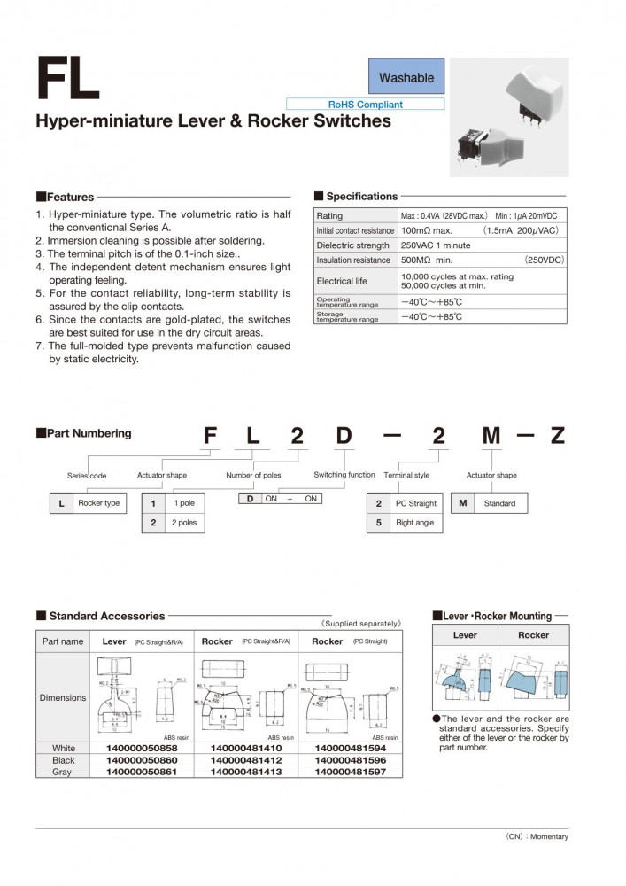 Nidec hyper-miniature lever and rocker switch documentation, page 1