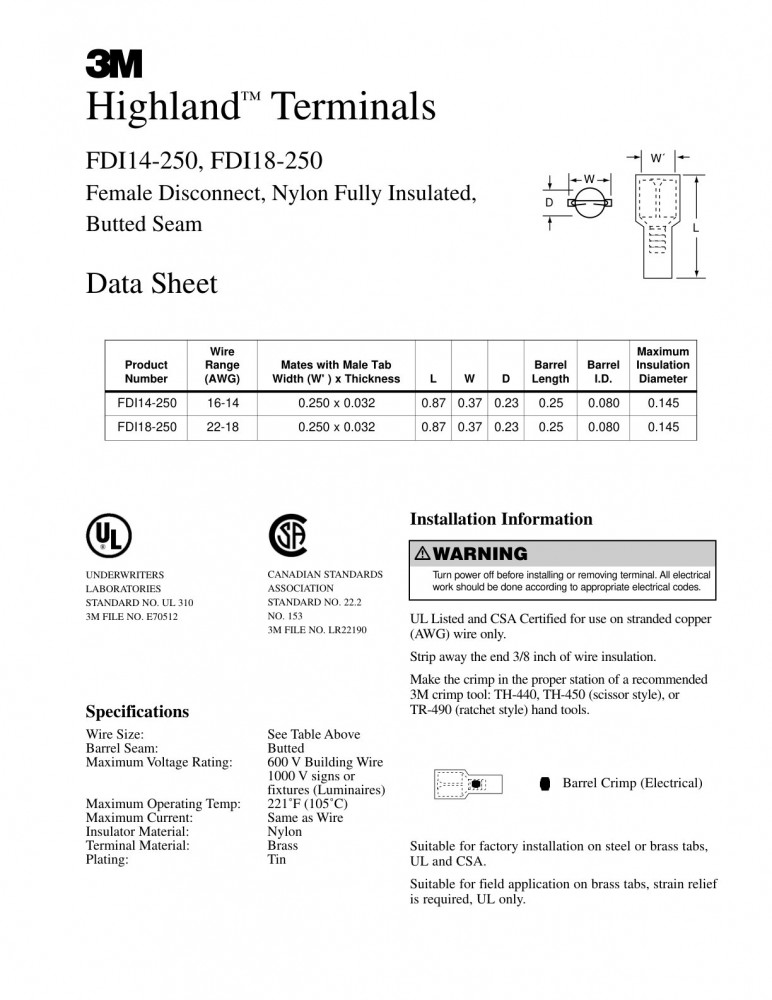 3M FDI18-250Q Highland terminal data sheet page 1