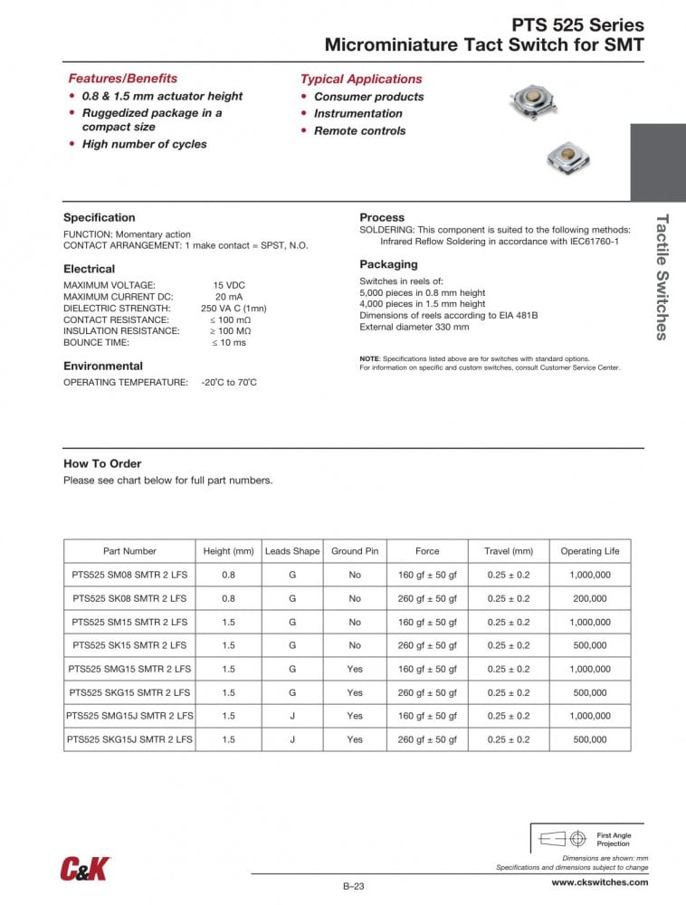 C&K PTS525 series technical document page 1