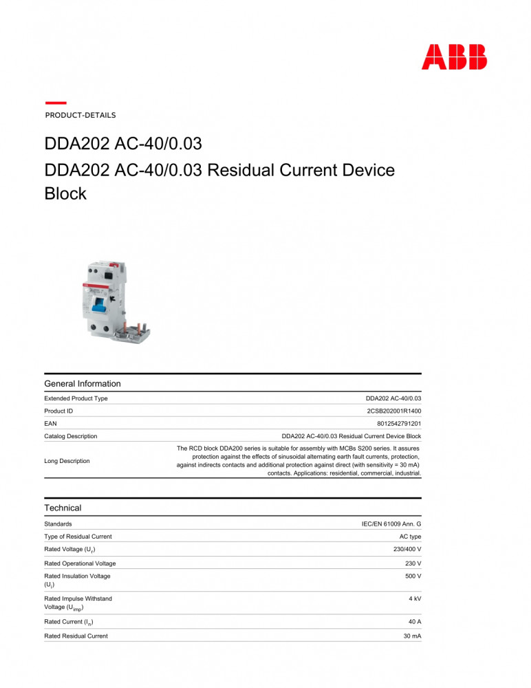 ABB DDA202 AC-40/0.03 technical document page 1