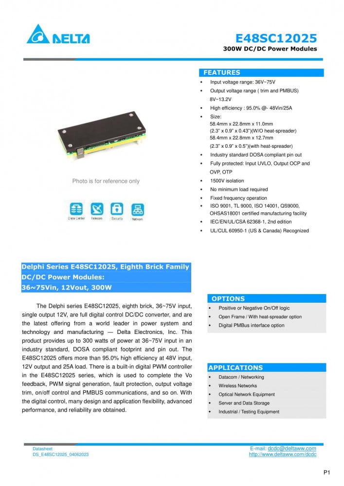 DELTA E48SC12025NRFH datasheet page 1