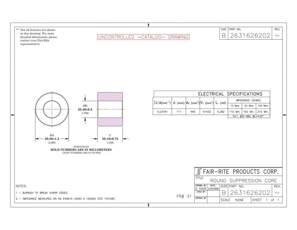 Fair-Rite 2631626202 technical document preview