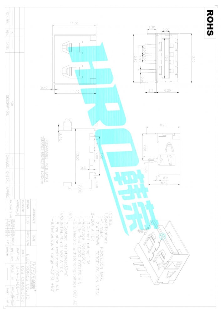HRO U-A-24DD-Y-1 USB connector technical drawing