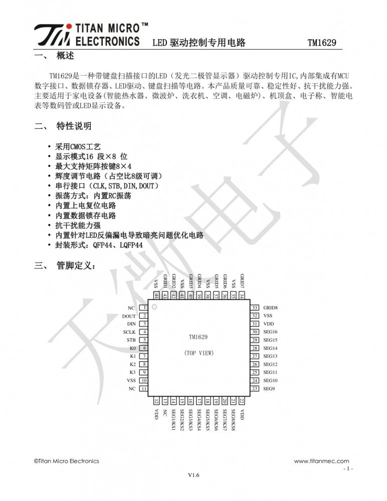 TM1629 datasheet page 1