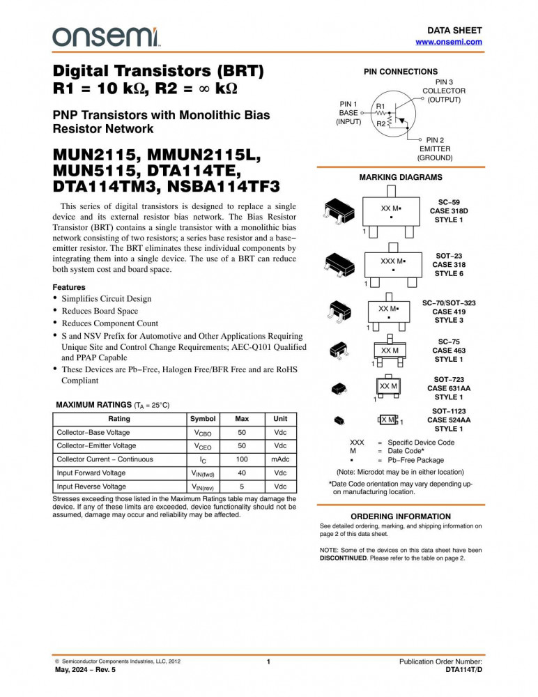DTA114TM3T5G technical document page 1