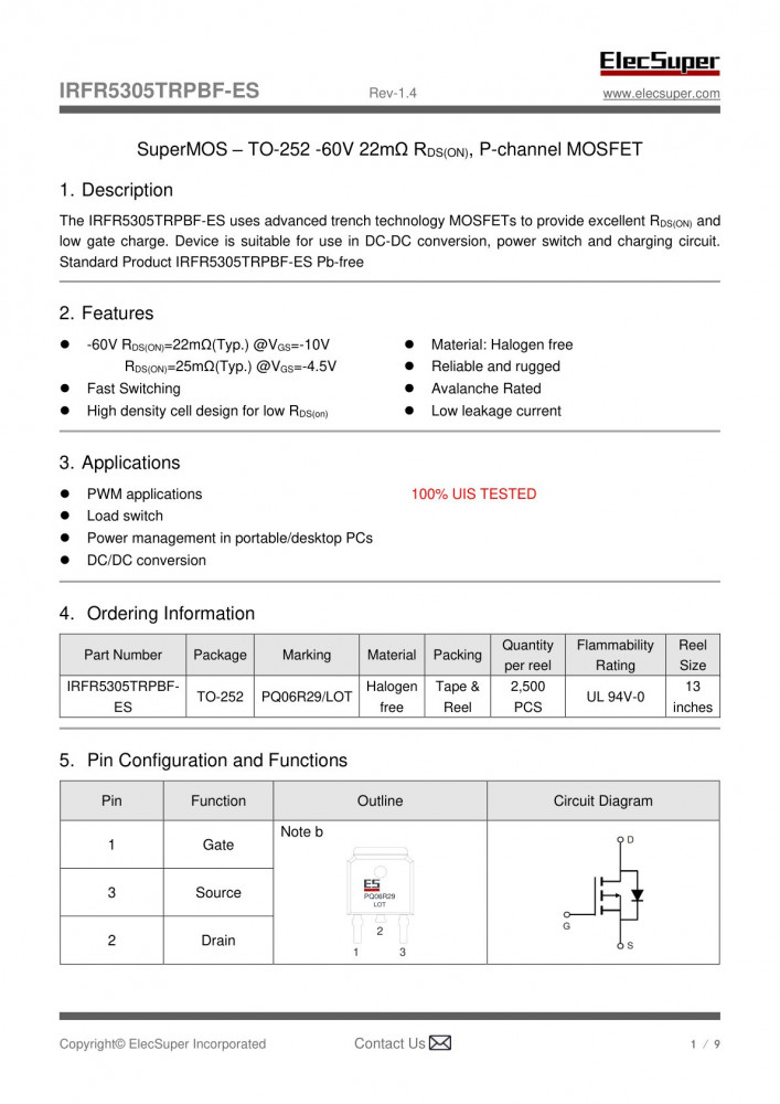 IRFR5305TRPBF-ES datasheet page 1