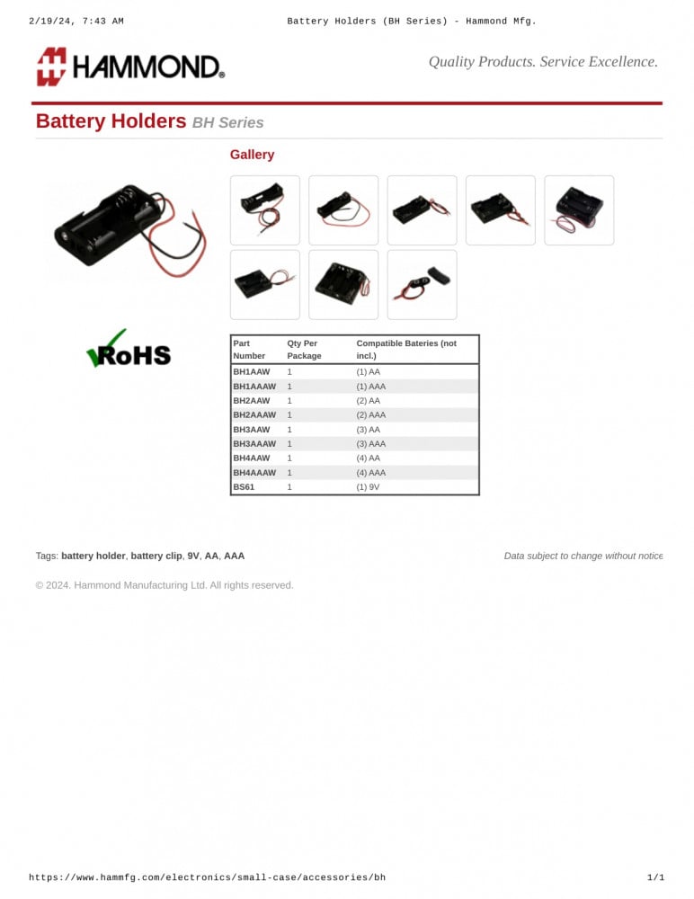 Hammond BH Series battery holder technical document preview