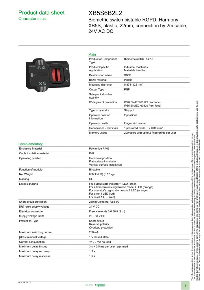 XB5S6B2L2 technical document page 1