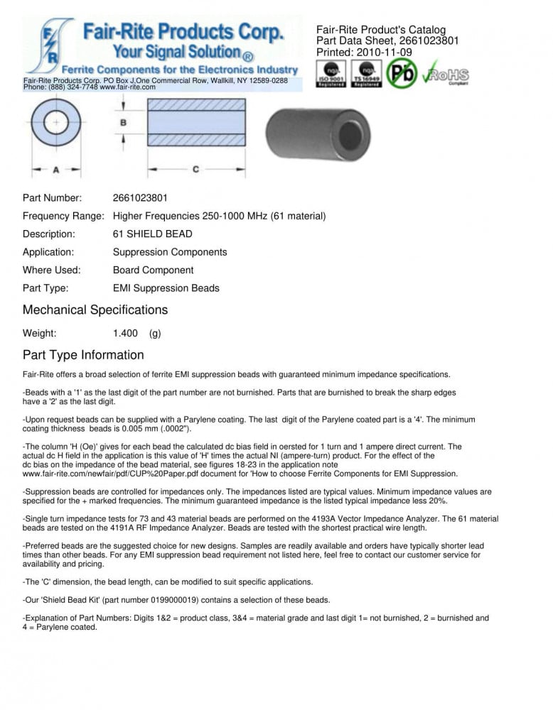 Fair-Rite 2661023801 technical document page 1