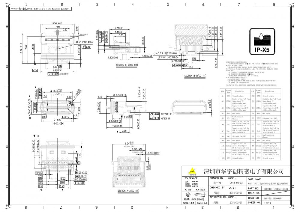 HOAUC HYCW407-USBC24-864B technical drawing page 1