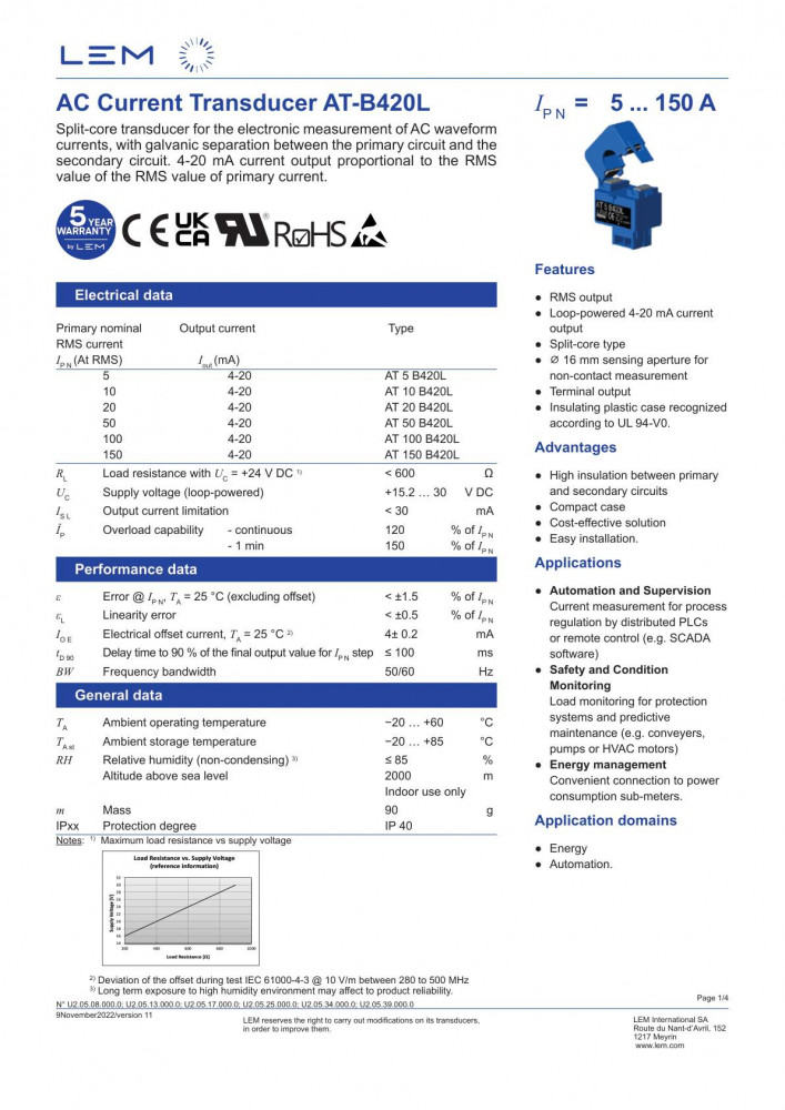 LEM AT 50 B420L technical document page 1