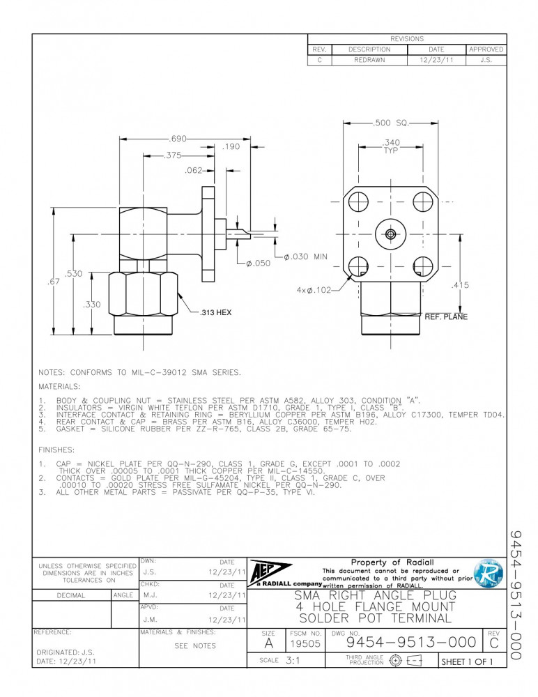 Radiall 9454-9513-000 technical drawing image