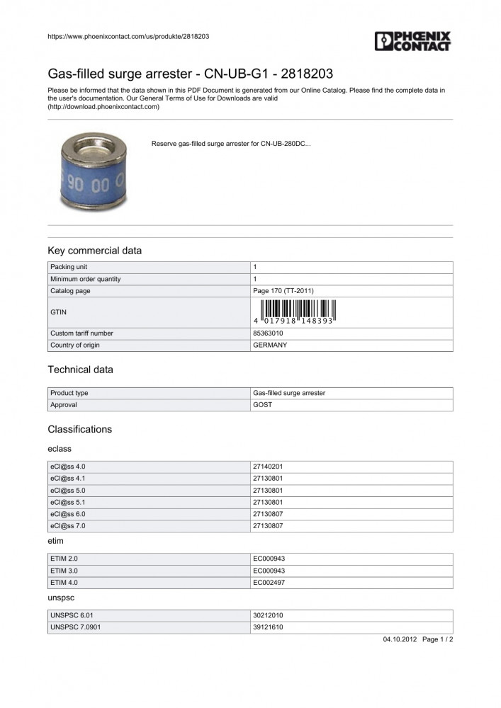 Phoenix Contact CN-UB-G1 2818203 technical document page 1