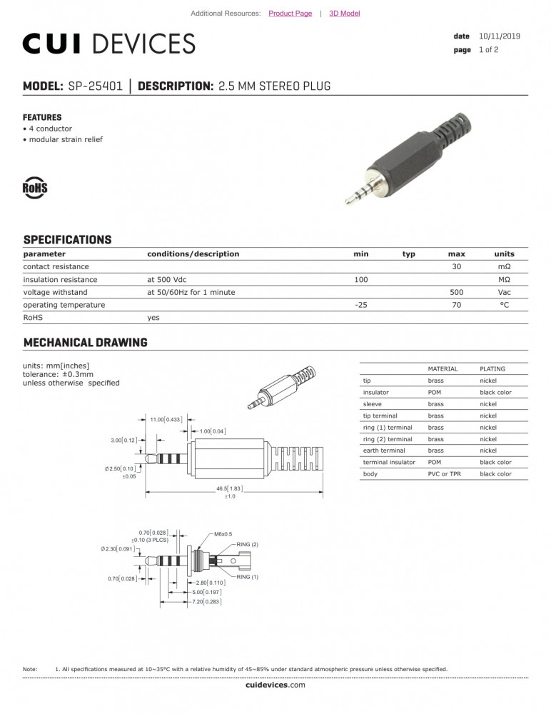 CUI SP-25401 technical document page 1