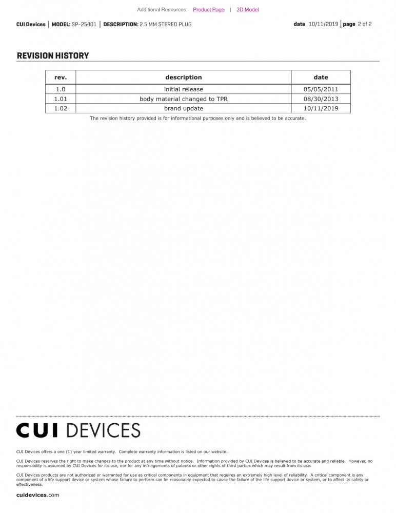 CUI SP-25401 technical document page 2