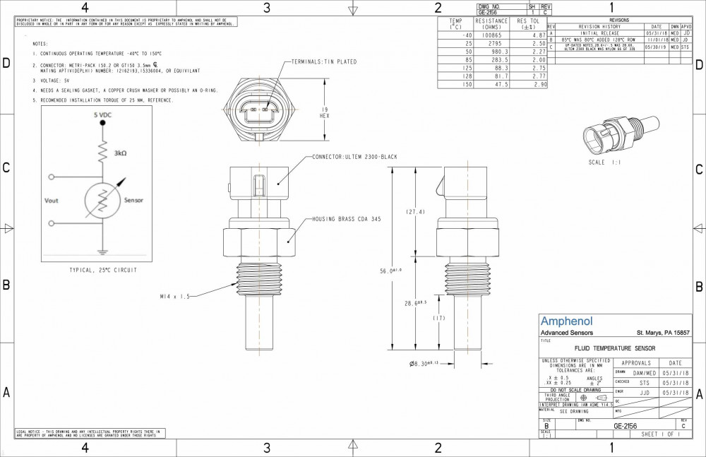 GE-2156 fluid temperature sensor drawing