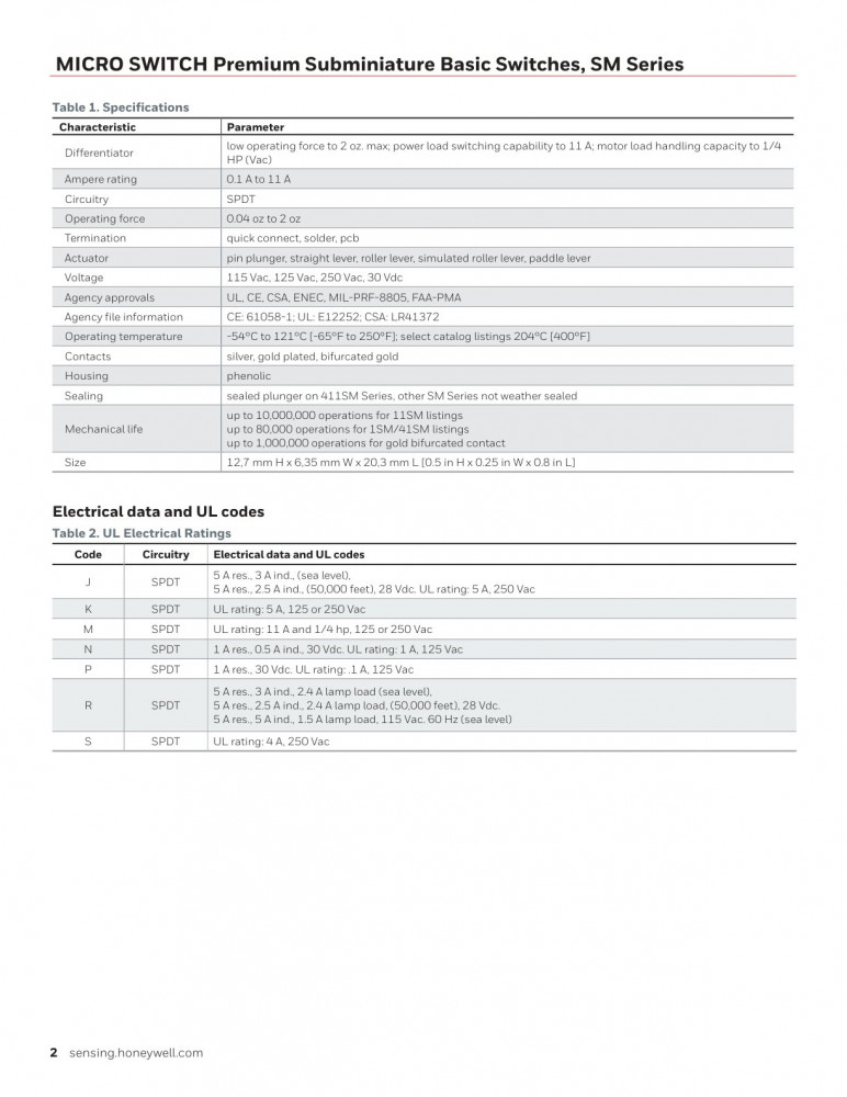 Honeywell SM Series datasheet page 2