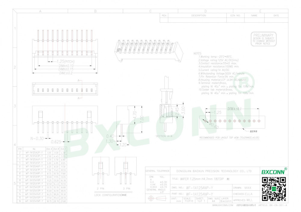 WF-1A125AxP-Y dimensional drawing and recommended PCB layout