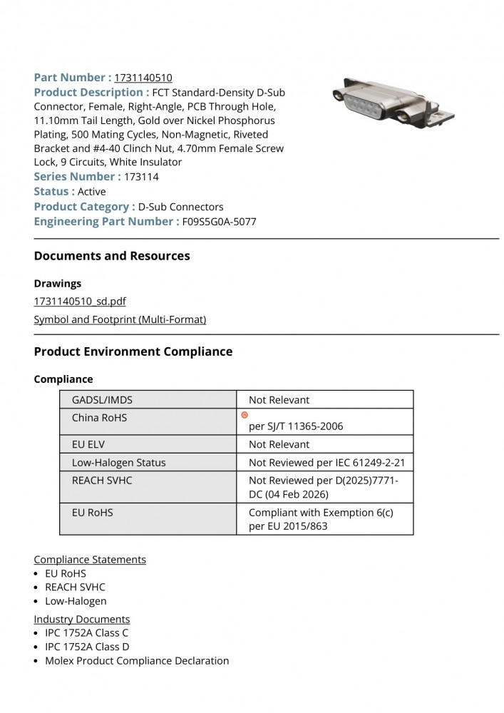 MOLEX 1731140510 technical drawing page 1