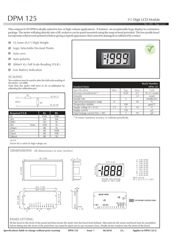 Lascar Electronics DPM 125 datasheet page 1