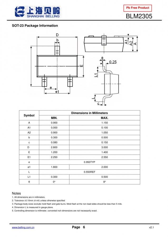 BLM2305 SOT-23 package drawing
