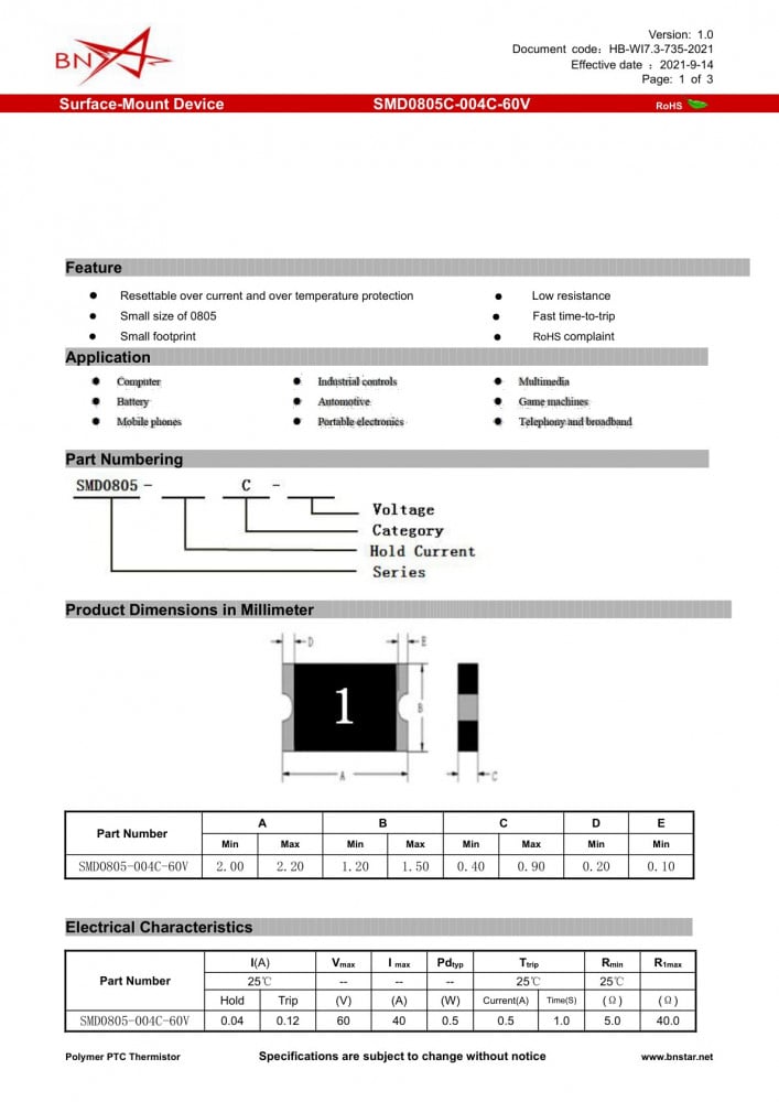 BNstar SMD0805-004C-60V datasheet page 1
