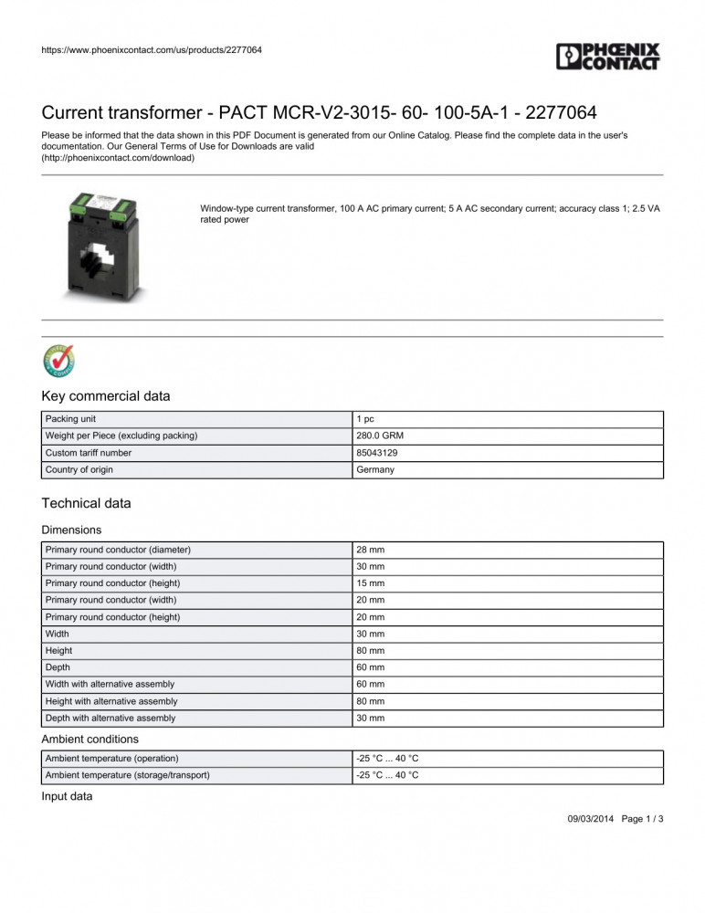 Phoenix Contact 2277064 product documentation page 1