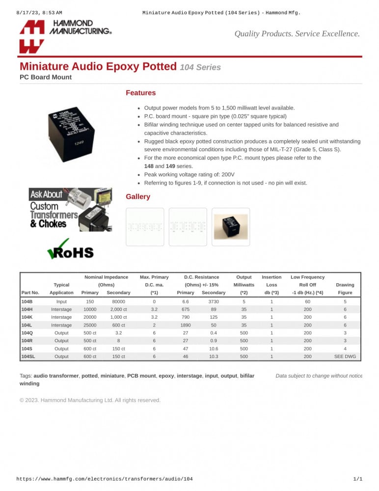 Hammond 104 Series technical document page