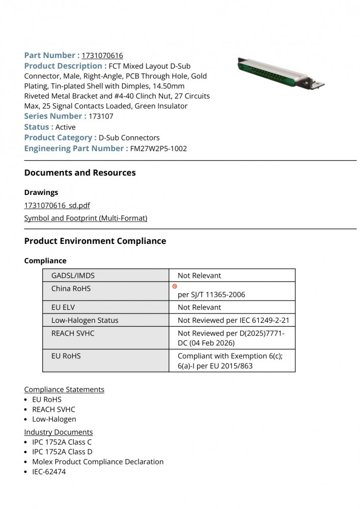 Technical document page 1 for MOLEX 1731070616