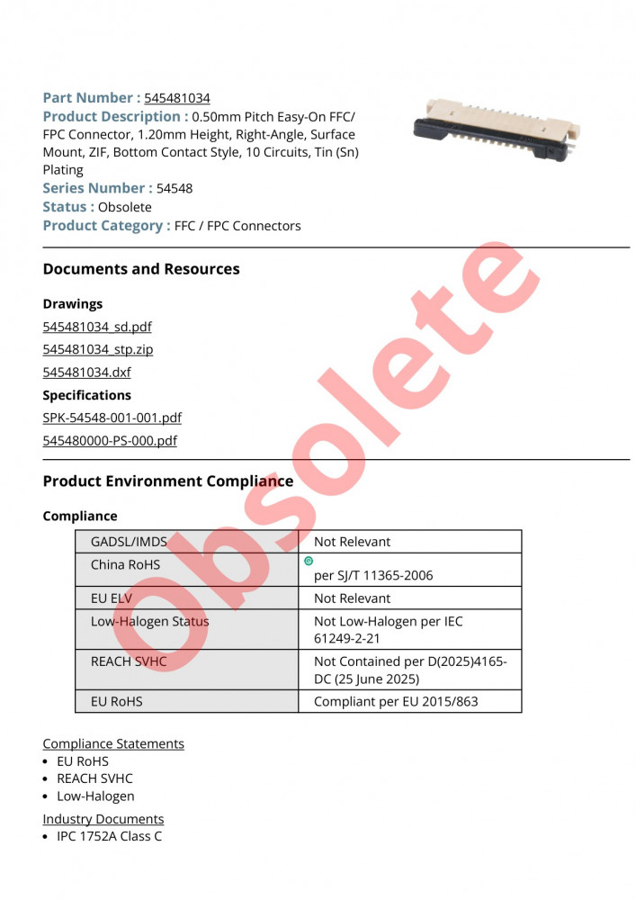 MOLEX 545481034 technical document page 1