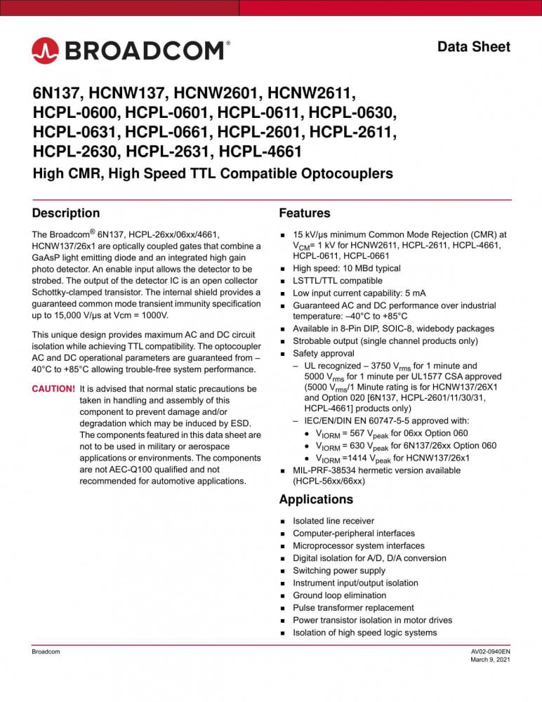Broadcom optocoupler datasheet page 1