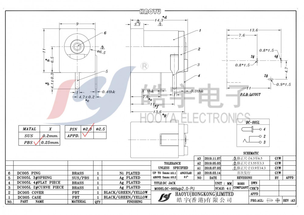 HOOYA DC-005Lφ2.0-PU technical drawing