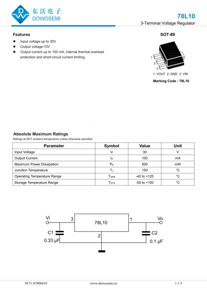DOWO 78L10 datasheet page 1