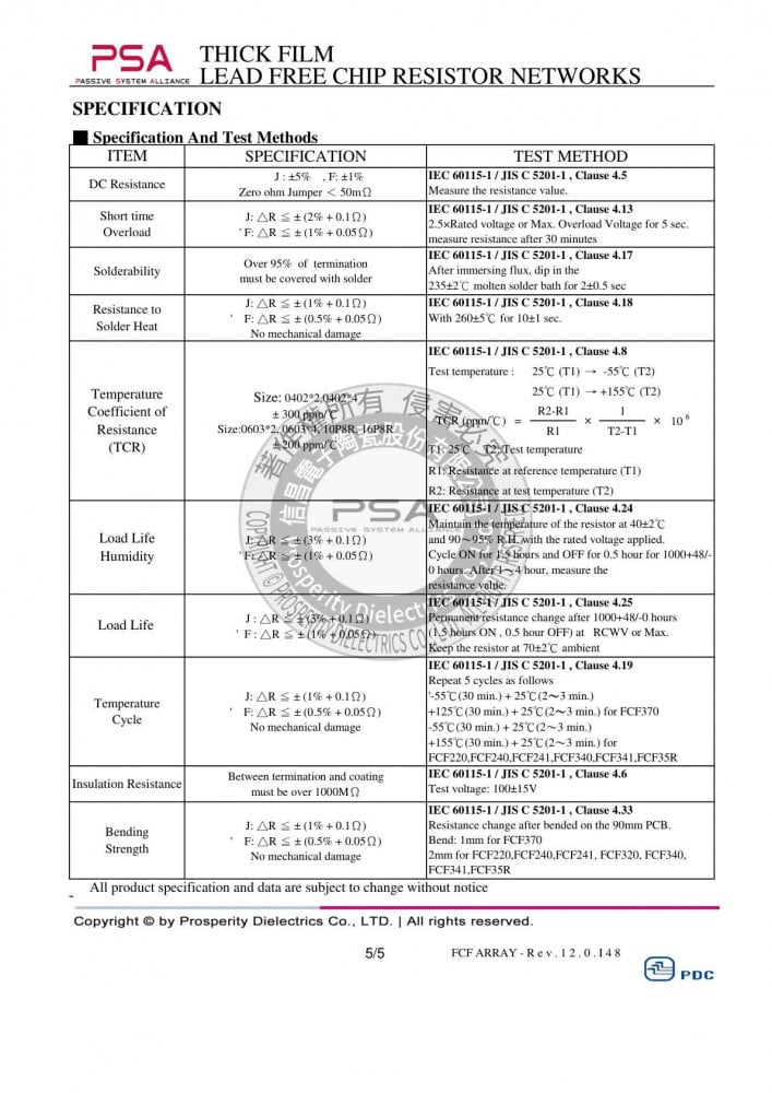 PSA FCF array datasheet page 6