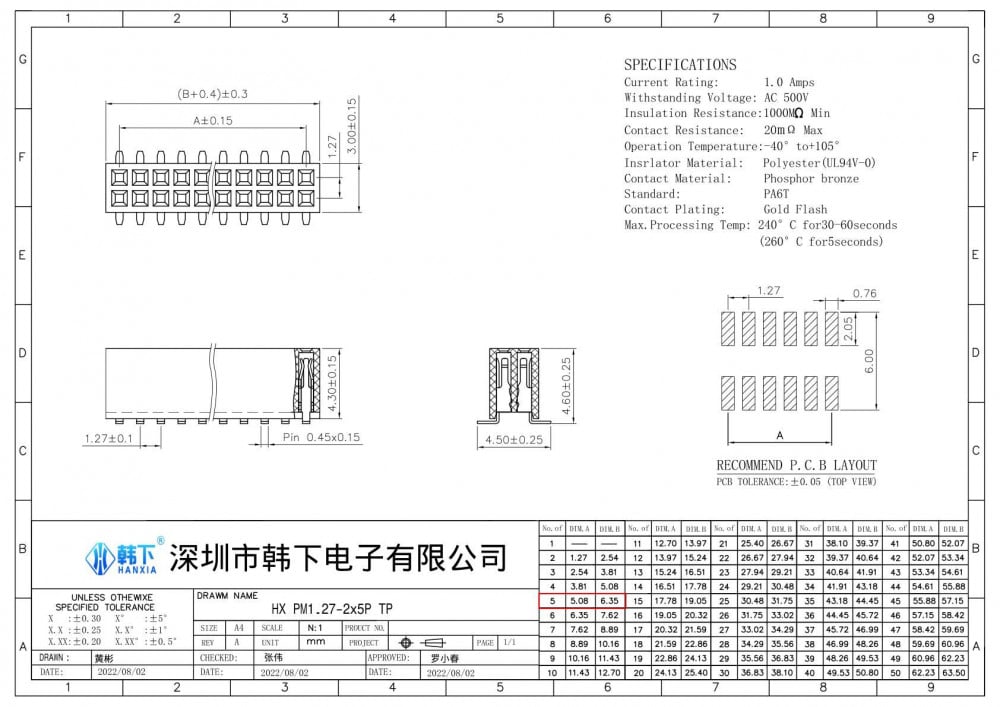 HANXIA HX PM1.27-2x5P TP technical drawing