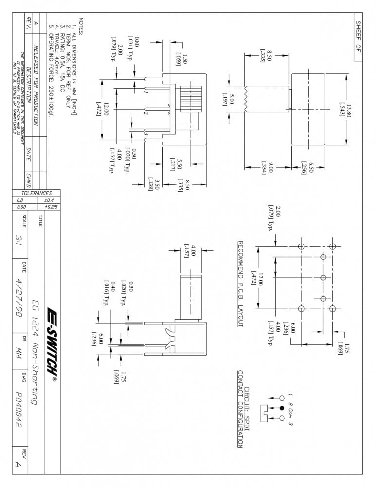 E-Switch EG1224 technical document page