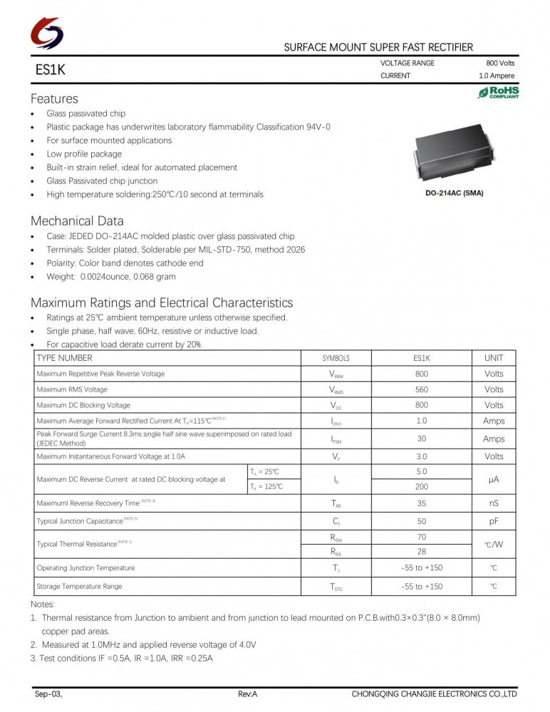 ES1K datasheet page 1