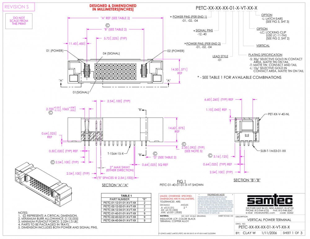 Samtec PETC technical drawing page 1