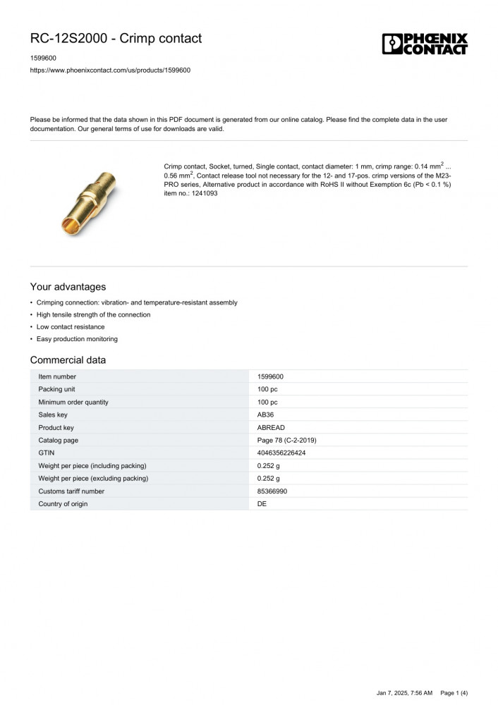 Phoenix Contact 1599600 document page 1