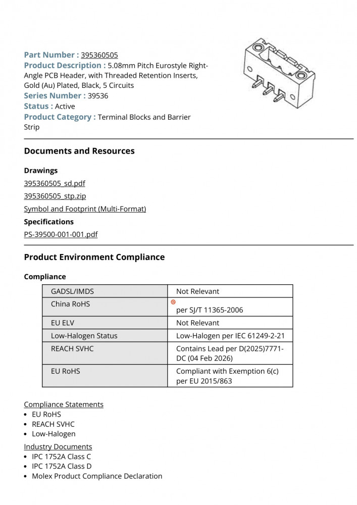 Molex ESE Eurostyle terminal blocks product specification, page 1