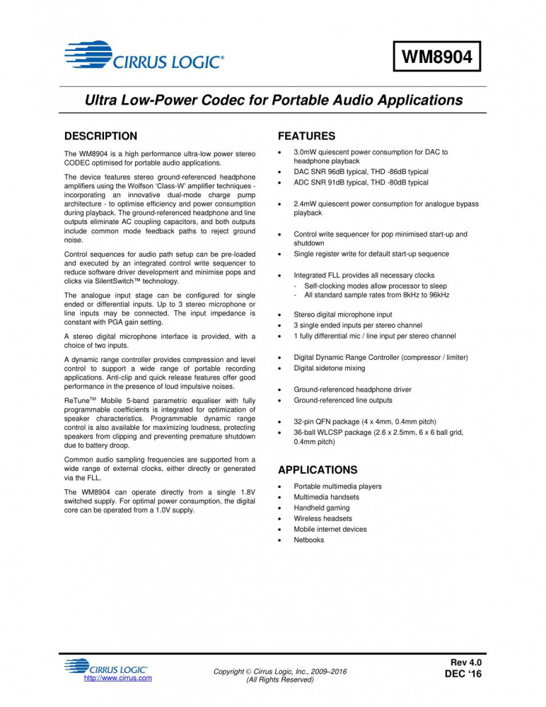 WM8904 datasheet page 1