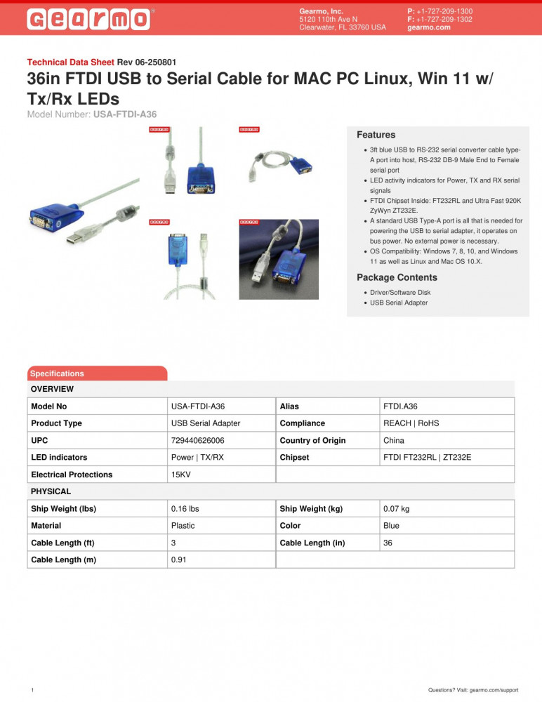 USA-FTDI-A36 technical data sheet, page 1