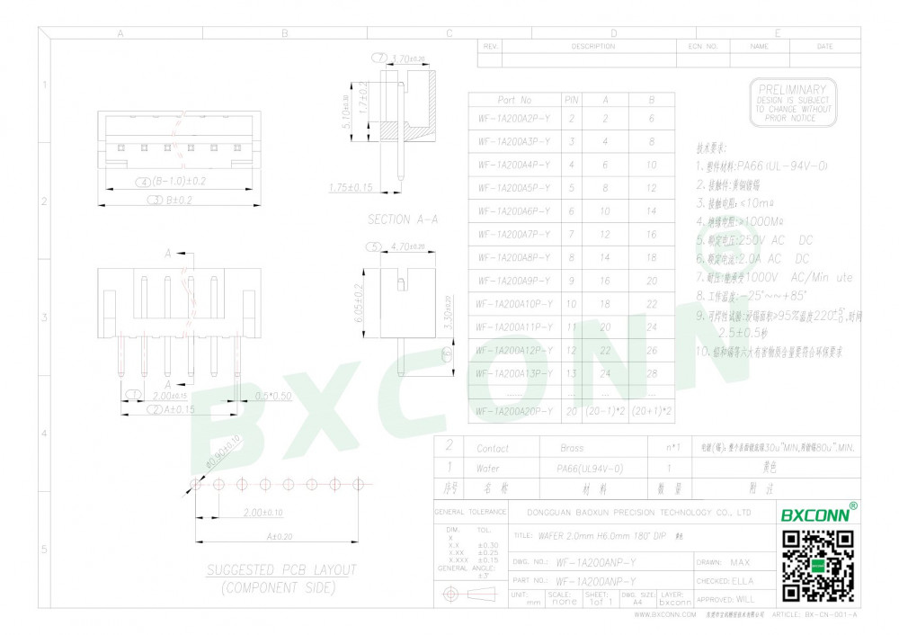 BXCONN WF-1A200AxP-Y product drawing and technical documentation