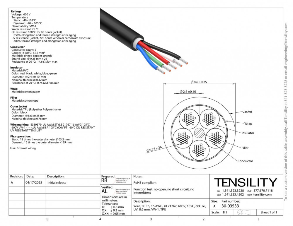 Tensility International 30-03533 cable drawing and specification sheet