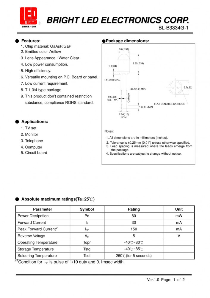 BL-B3334G-1 datasheet page 1