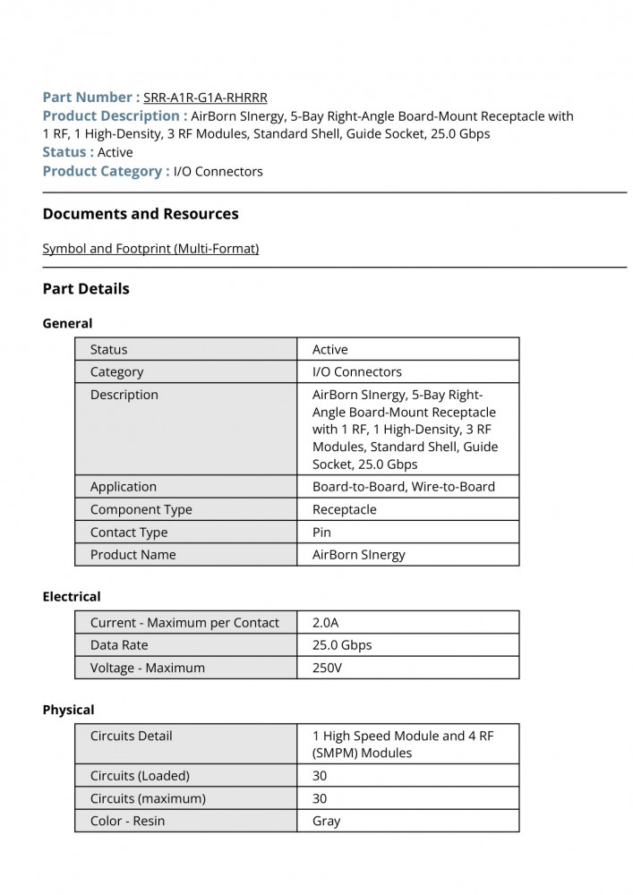 MOLEX SRR-A1R-G1A-RHRRR technical document image, page 1