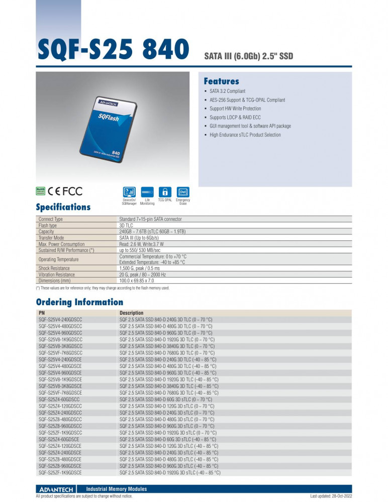 ADVANTECH SQF-S25 840 product document page